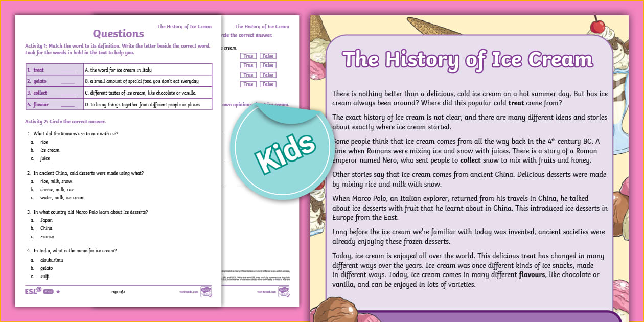 ESL Ice Cream History Comprehension {Kids} (teacher made)
