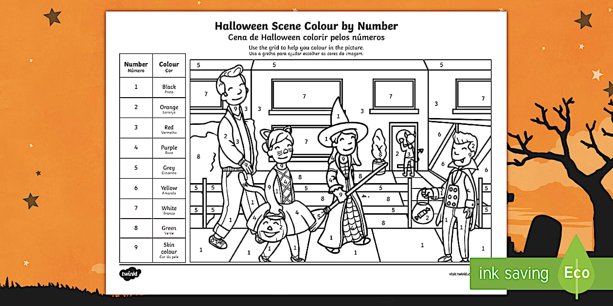 Halloween Colour by Number - English/Portuguese - Twinkl