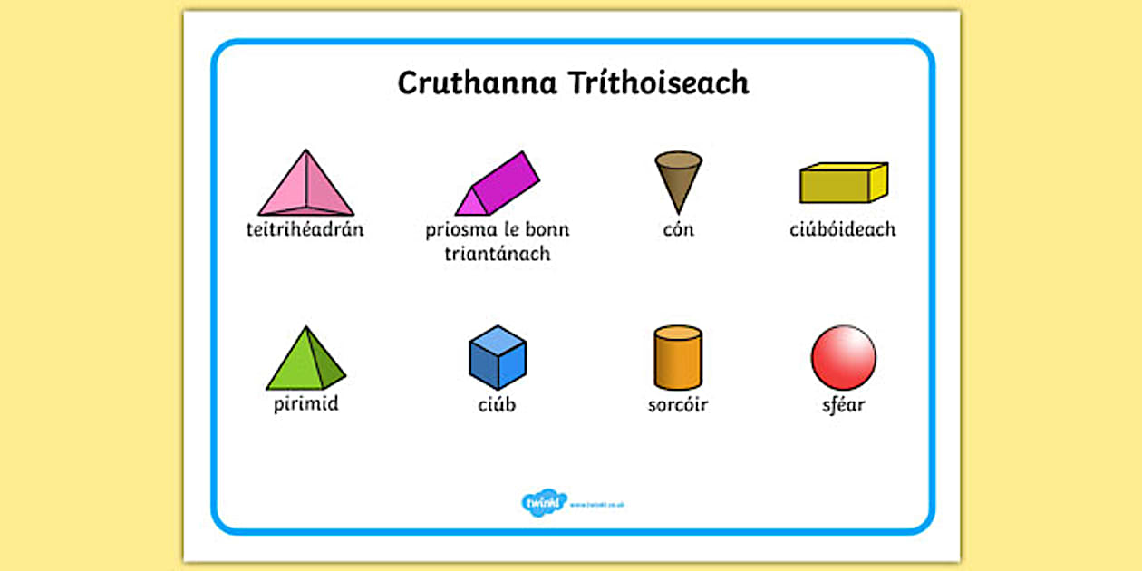 Black and White 3D Shape Word Mat Gaeilge - Twinkl