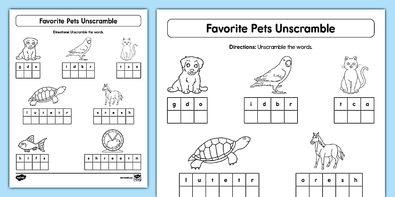 Second Grade Favorite Pets Unscramble Worksheet - Twinkl