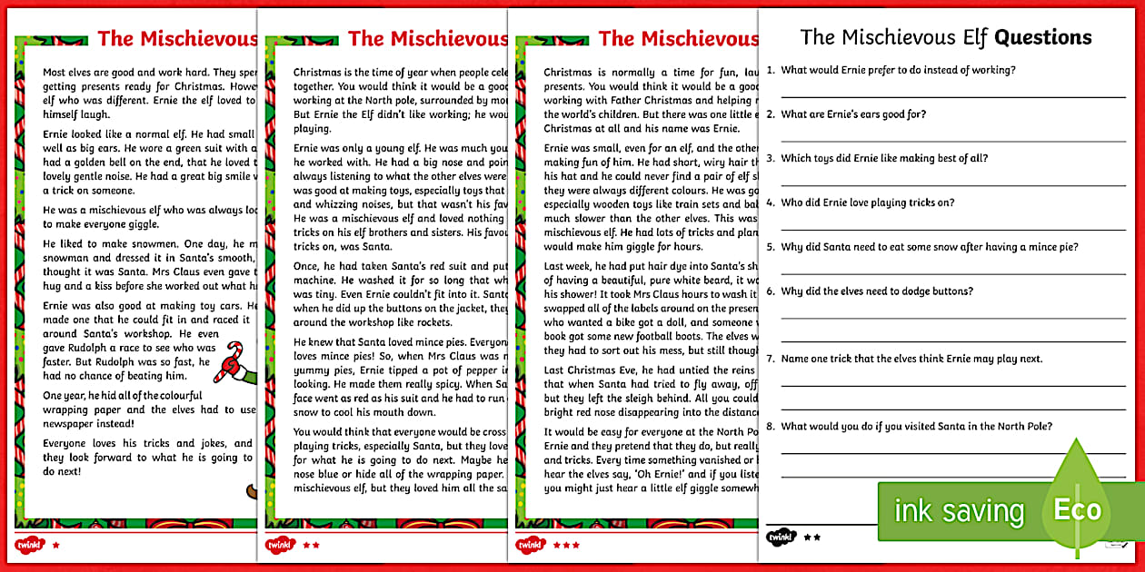 Middle Ability KS1 The Mischievous Elf Differentiated Reading Comprehension