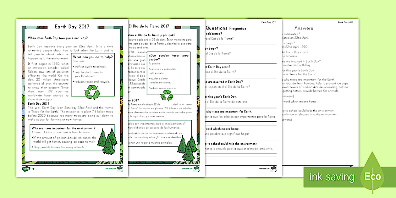 Earth Day Differentiated Reading Comprehension Activity English/Spanish