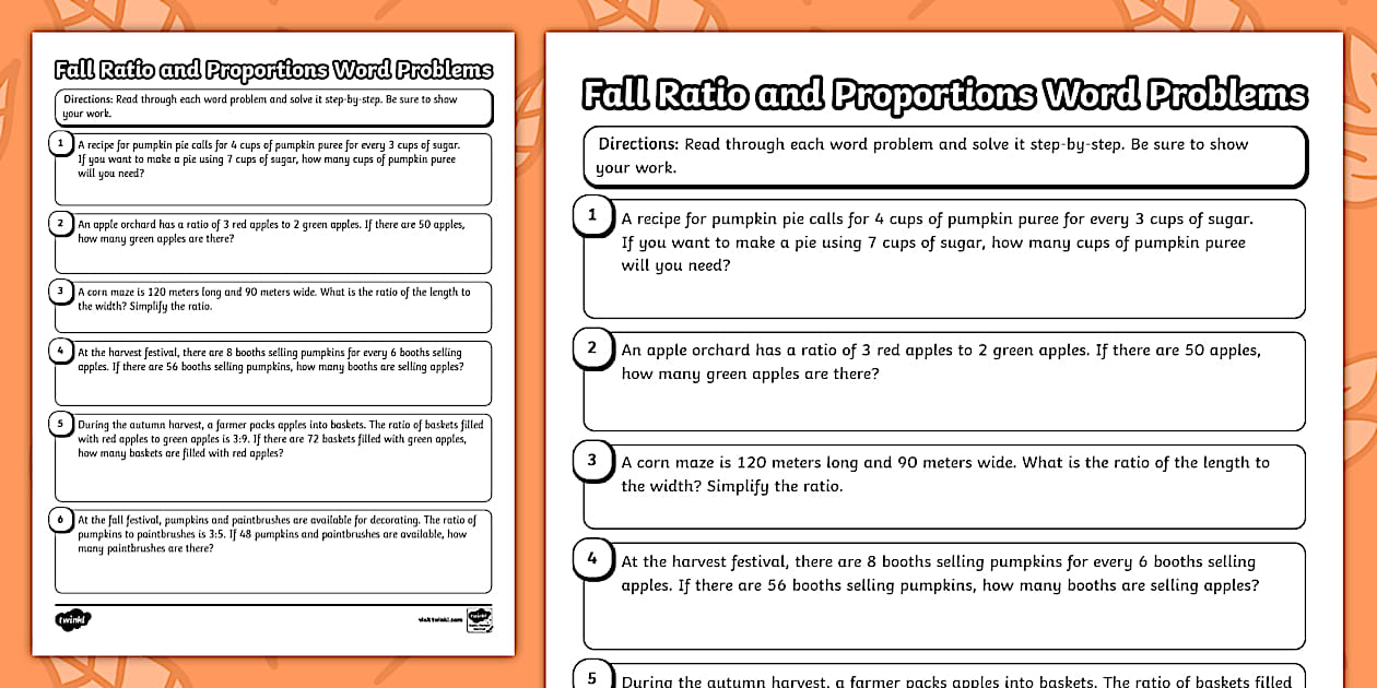 Seventh Grade Fall Ratio and Proportions Word Problems