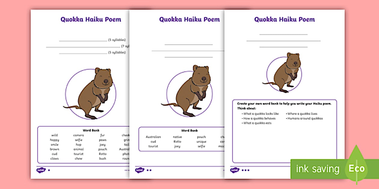 QLD Quokka Haiku Poem Differentiated Worksheets - Twinkl