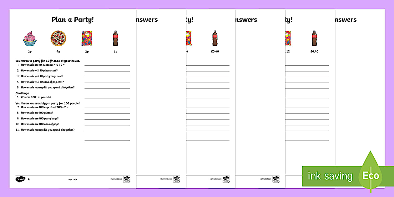 Black and White Plan a Party Differentiated British Money Worksheets