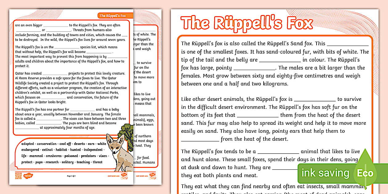 Rüppell's Fox Worksheet (teacher made) - Twinkl