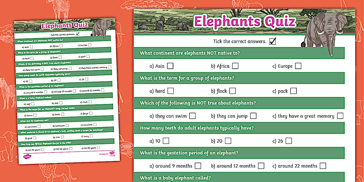 General Knowledge about Elephants Paper Quiz (teacher made)