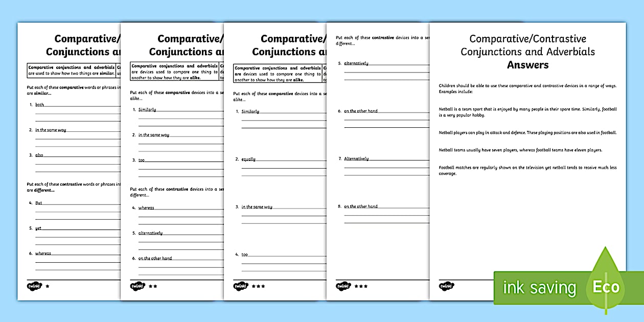 Comparative Conjunctions Worksheets - Twinkl