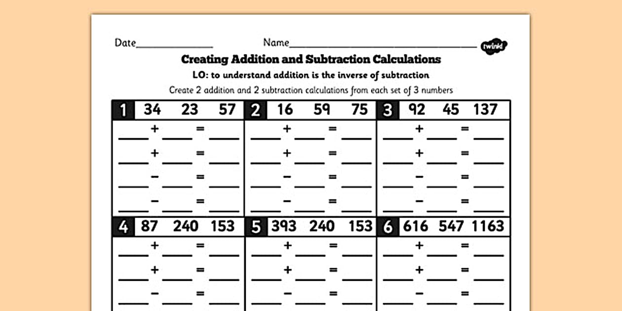 Grade 3 Inverse Create Addition and Subtraction Calculations from a set ...
