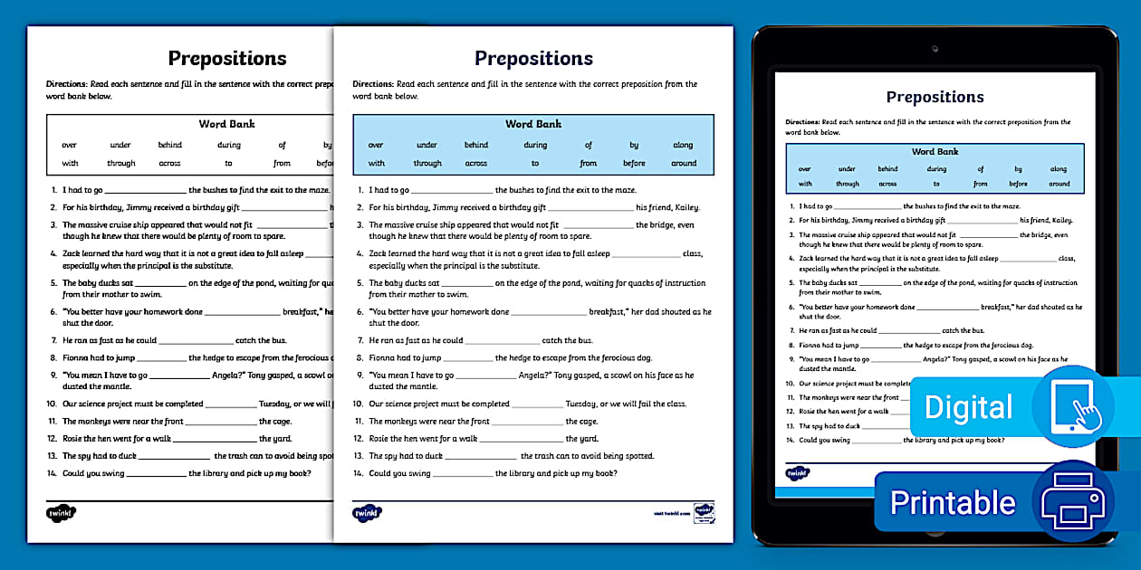Sixth Grade Prepositions Worksheet (teacher made) - Twinkl