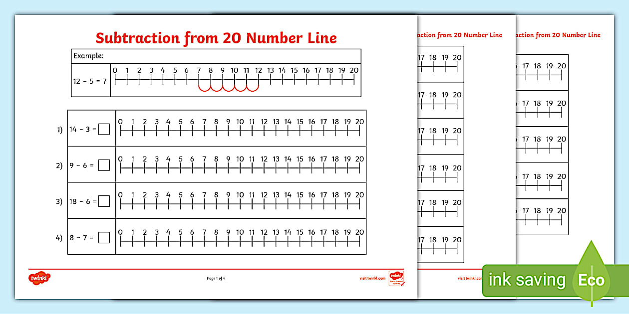 Subtraction From 20 Number Line Activity Sheet - Twinkl