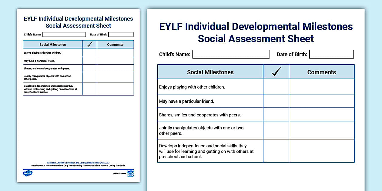 EYLF Individual Developmental Milestones Social Assessment Sheet