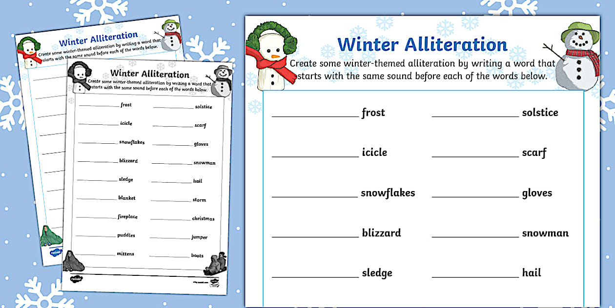 KS2 Winter Alliteration Worksheet - Twinkl
