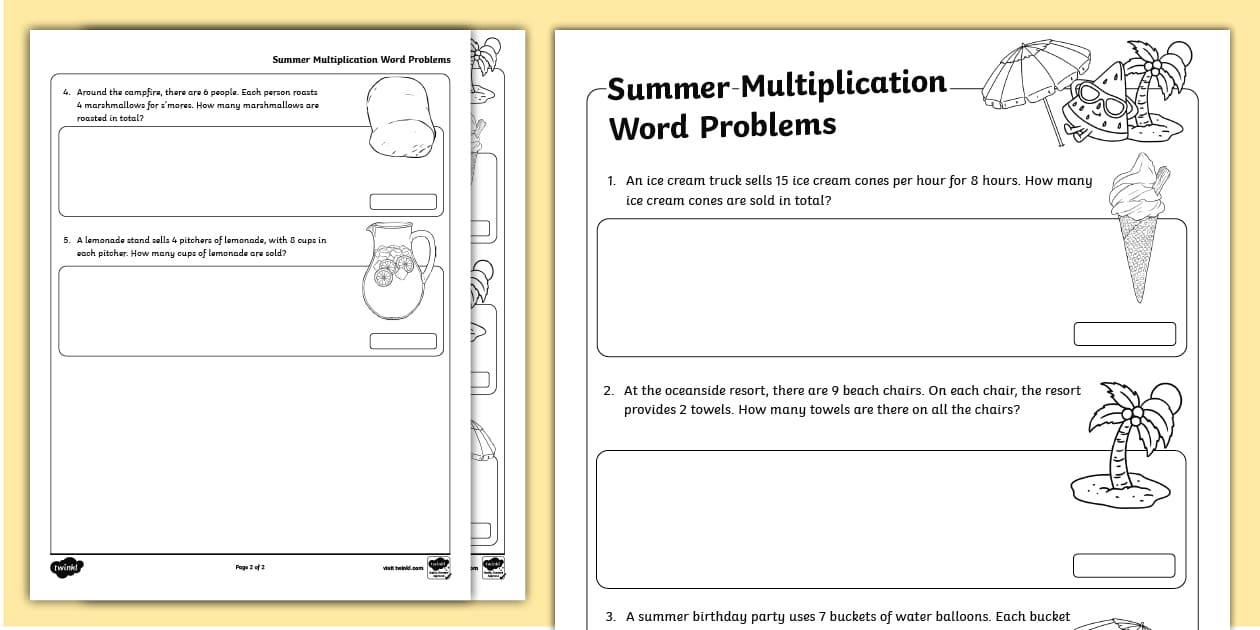 Summer Multiplication Word Problems for 3rd-5th Grade