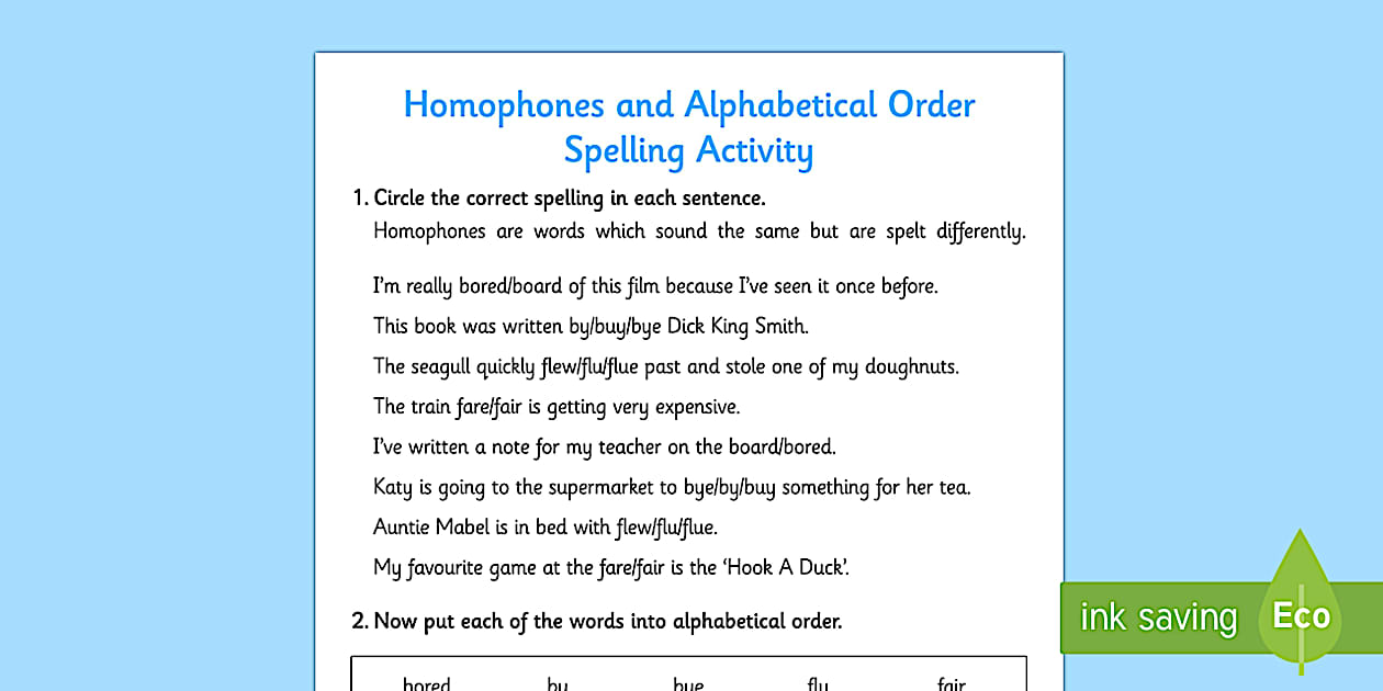 Homophones and Alphabetical Order Spelling Activity - ESL Homophones
