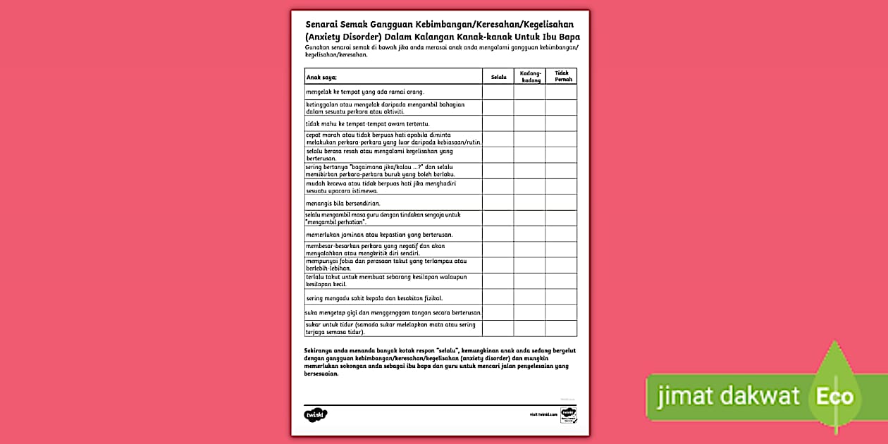 Senarai Semak Keresahan (Anxiety) Dalam Kalangan Kanak-kanak