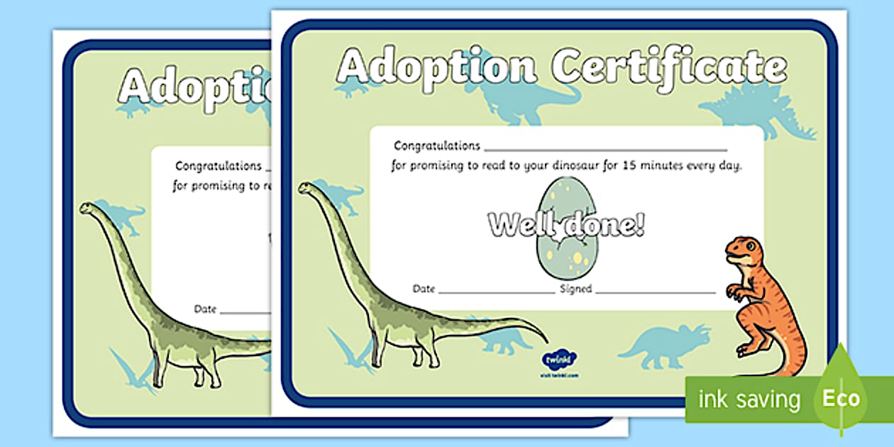 Editable Adopt a Reading Dinosaur Certificate - Twinkl