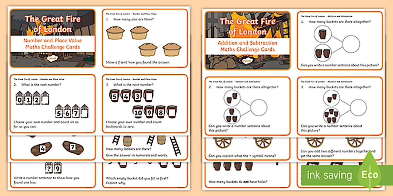 Editable Year 1 The Great Fire of London Maths Challenge Cards
