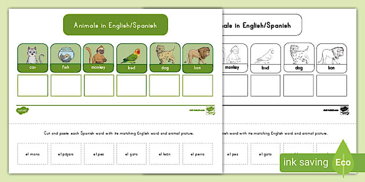 Animals in English/Spanish Cut and Paste Worksheet - Twinkl