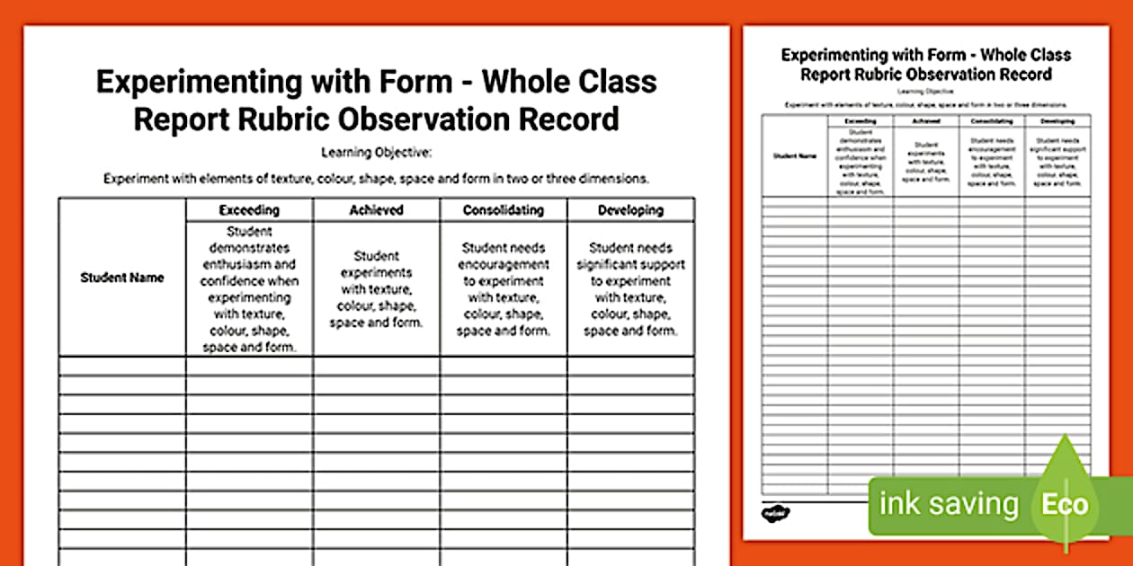 Editable Experimenting With Form EYLF Assessment Rubric/Guide to Making