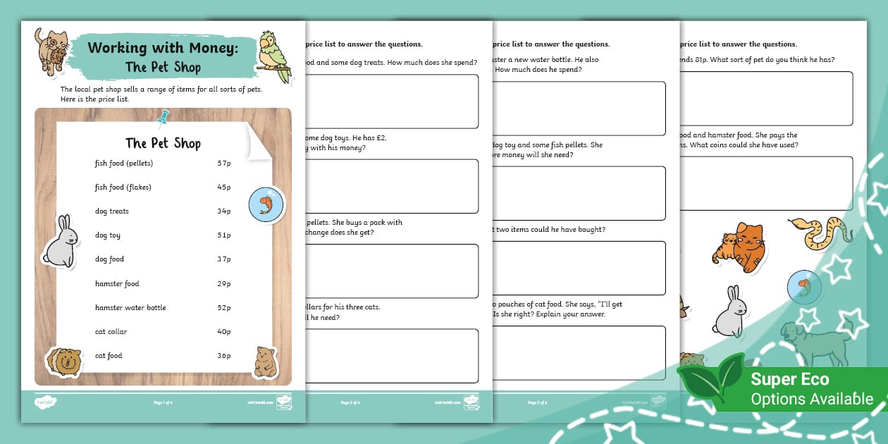 Working with Money: Pet Shop Money Activity (Ages 6 - 7)