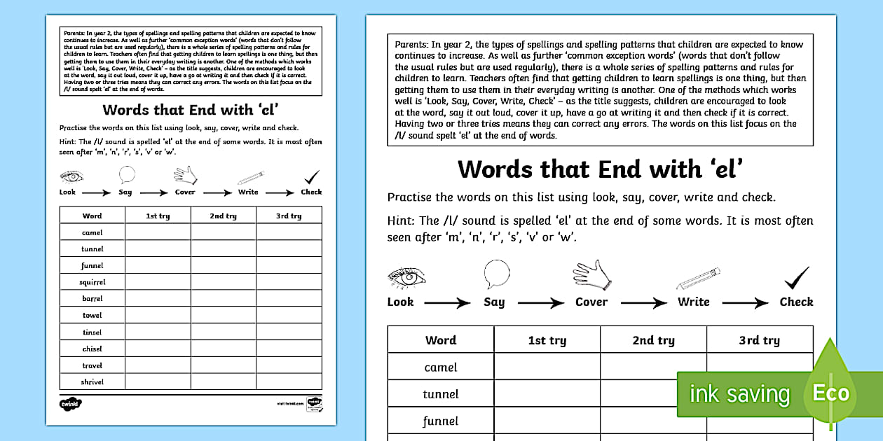 Spelling Activity Sheet: /el/ Endings Ages 6 - 7 - Twinkl