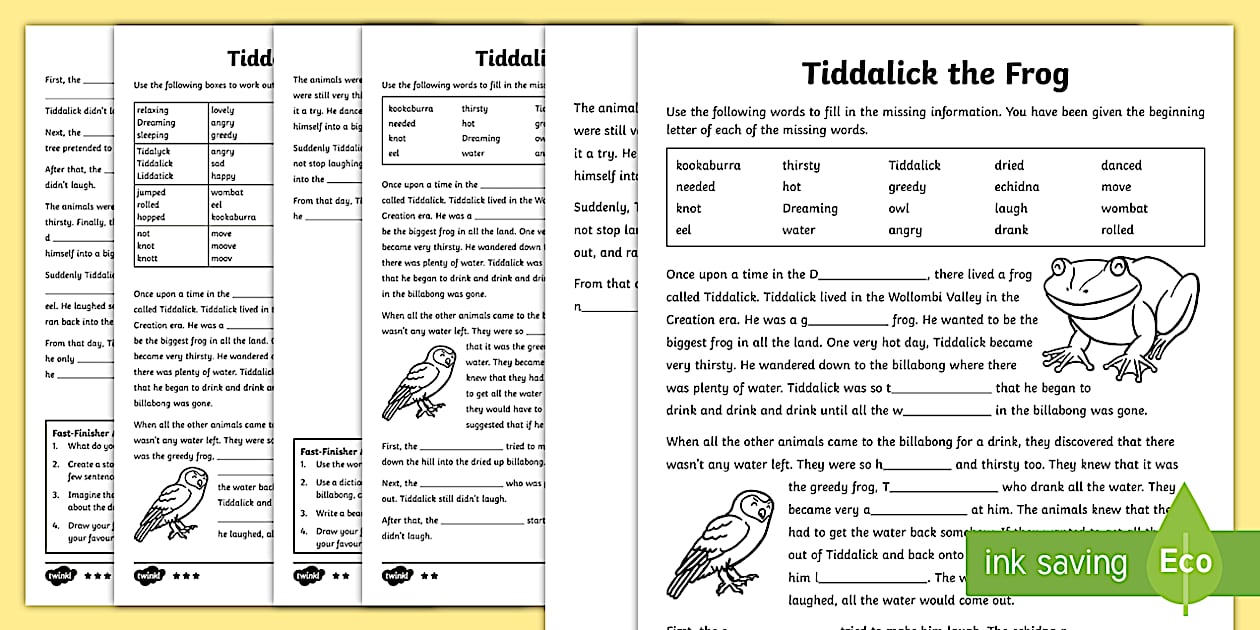 VIC Tiddalick the Frog Differentiated Worksheets - Twinkl