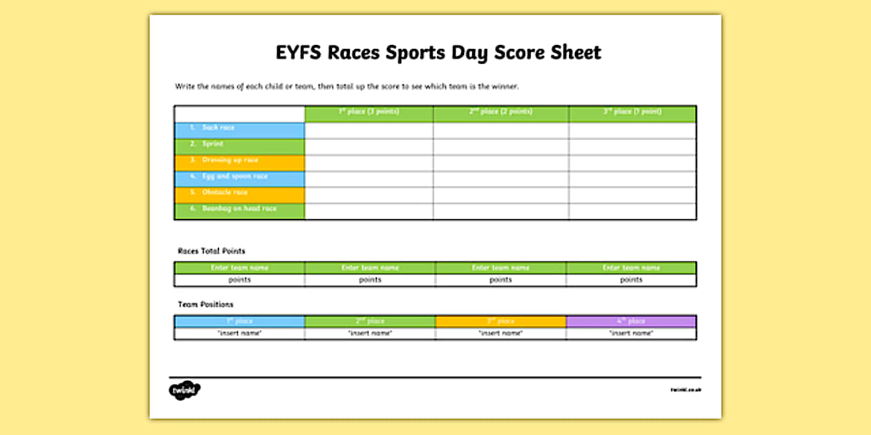 EYFS Races Sports Day Score Sheet (teacher made) - Twinkl