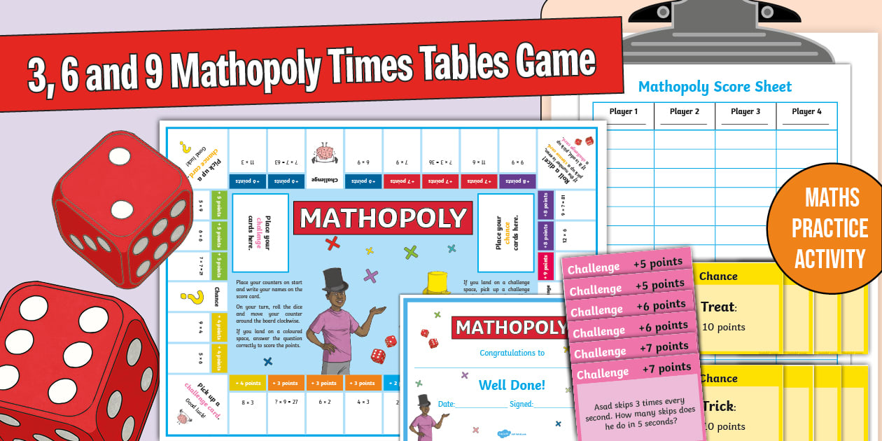 👉 3, 6 and 9 Mathopoly Times Tables Game