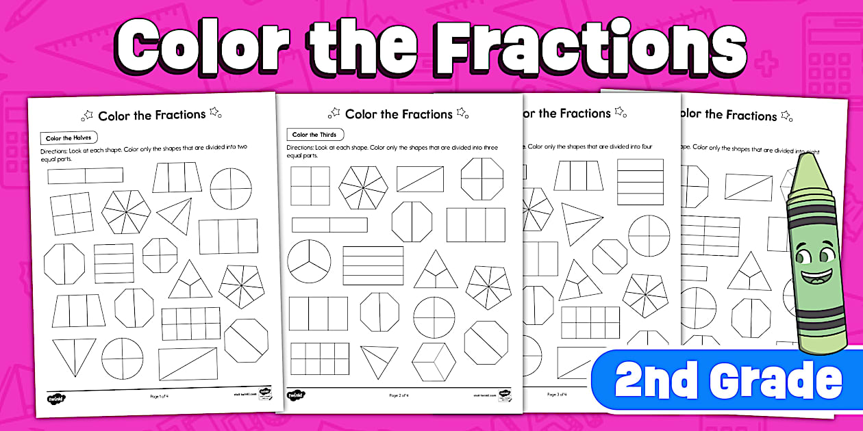 Second Grade Color the Fractions Worksheet