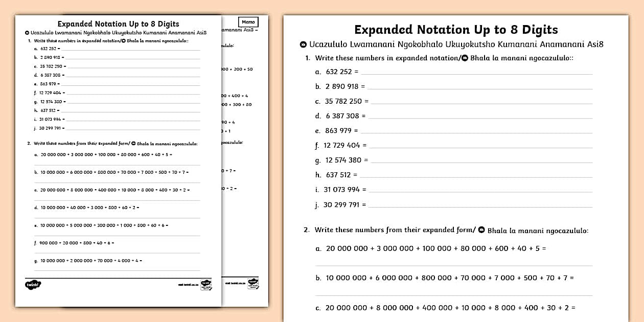 Expanded Notation Up to 9-Digits IsiXhosa (teacher made)