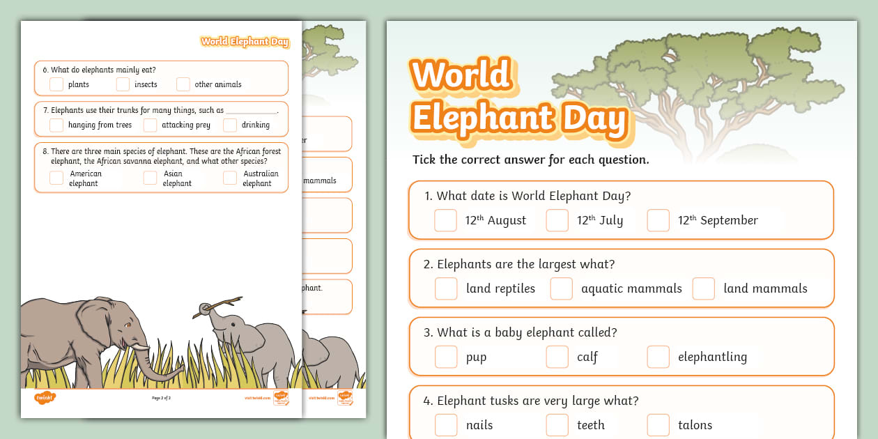 KS1 World Elephant Day Quiz - Animals - Mammals - Elephants