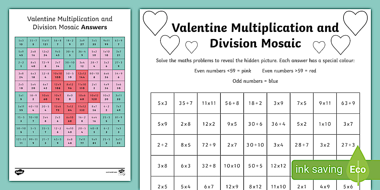 Valentine Multiplication and Division Mosaic - Twinkl