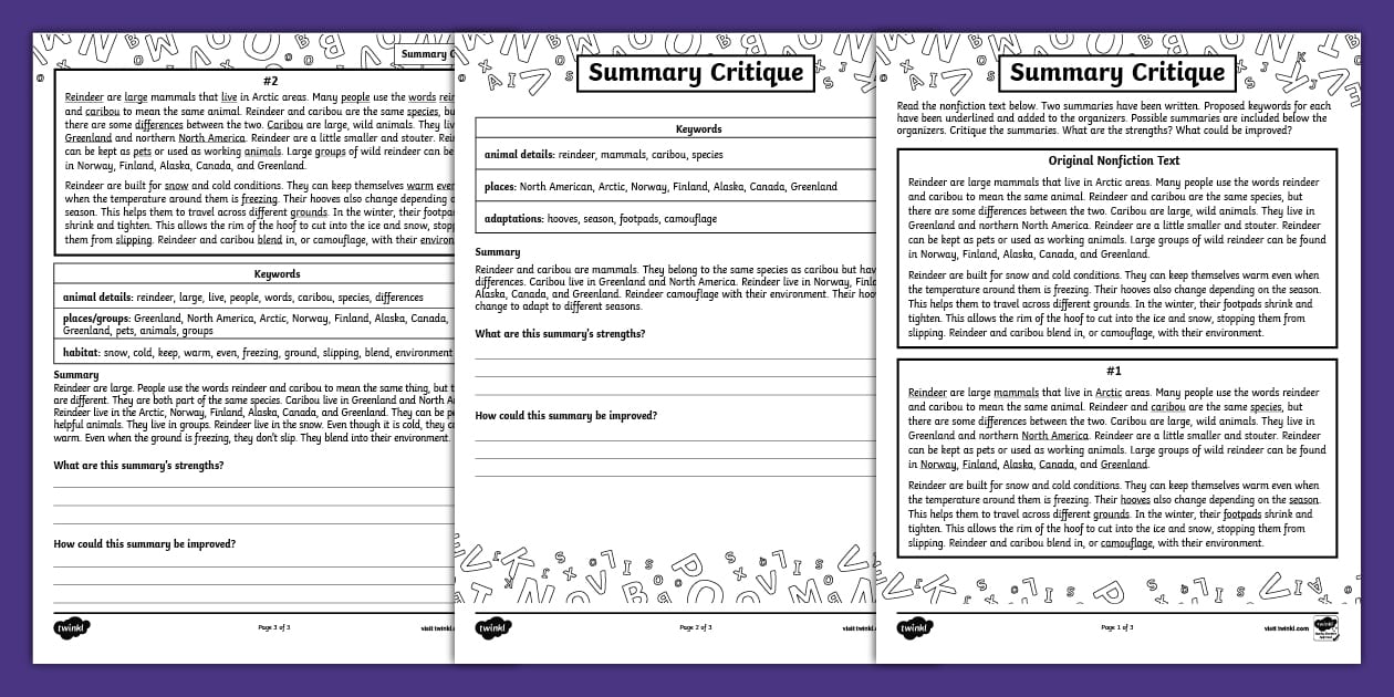 Third Grade Summary Critique Worksheet - Twinkl