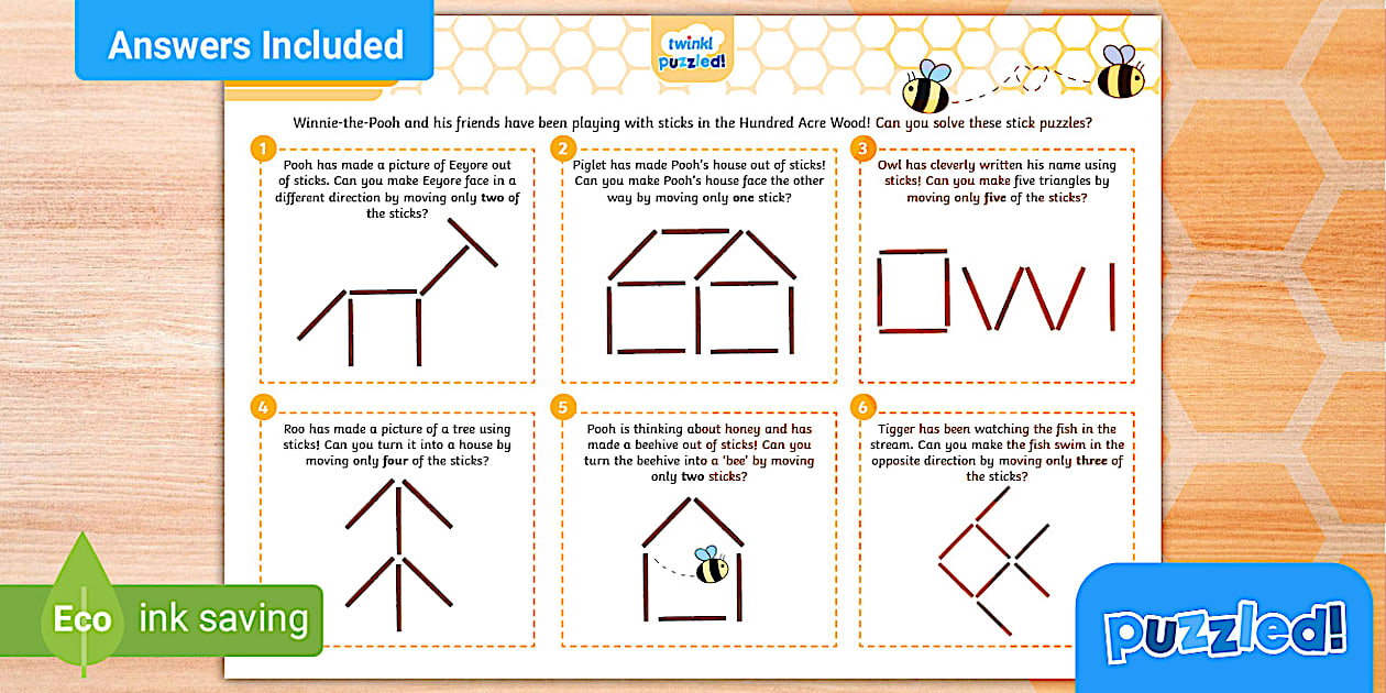 Pooh Sticks Puzzle Worksheet - Logic Game with Matchsticks