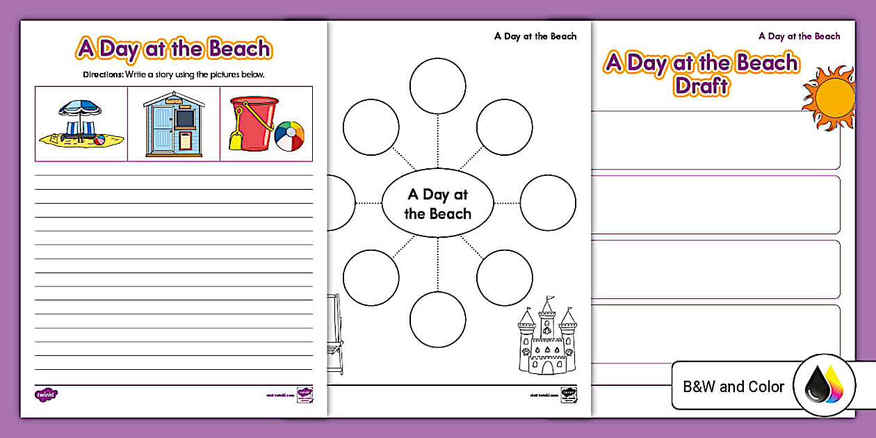 First Grade A Day at the Beach Write a Story Worksheet