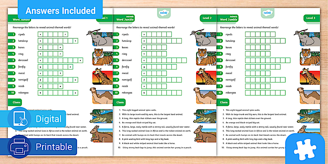 Fun Animal Word Jumble Puzzle Pack - AL - Twinkl Puzzled