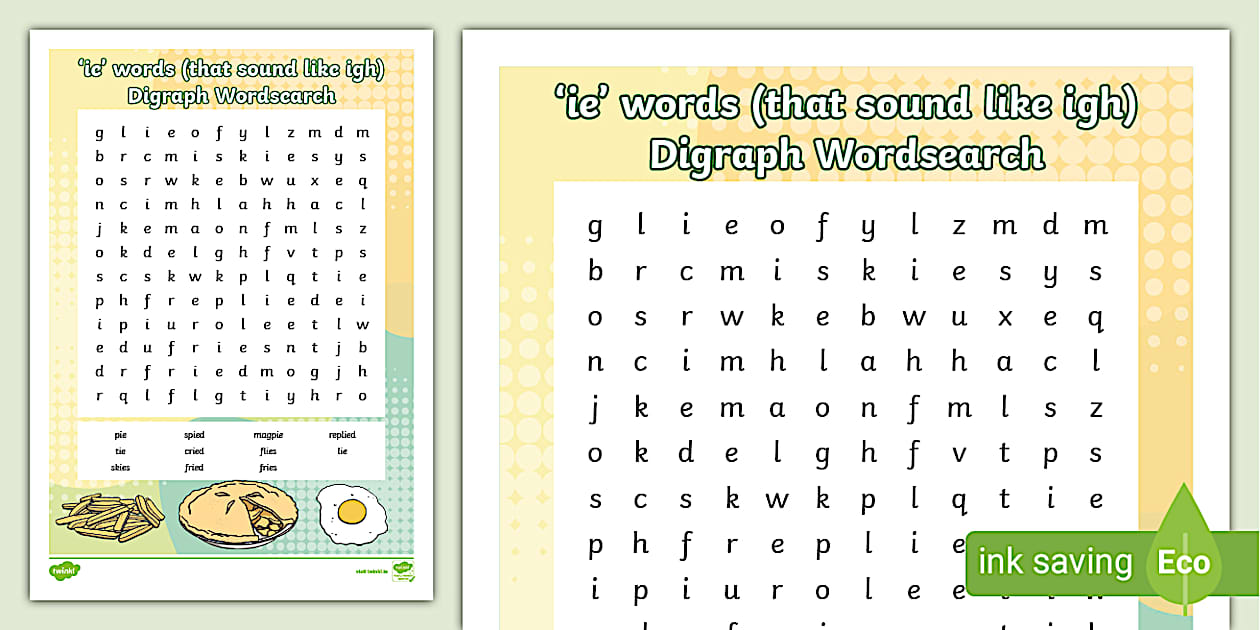 'ie' words (that sound like igh) Digraph Word Search.