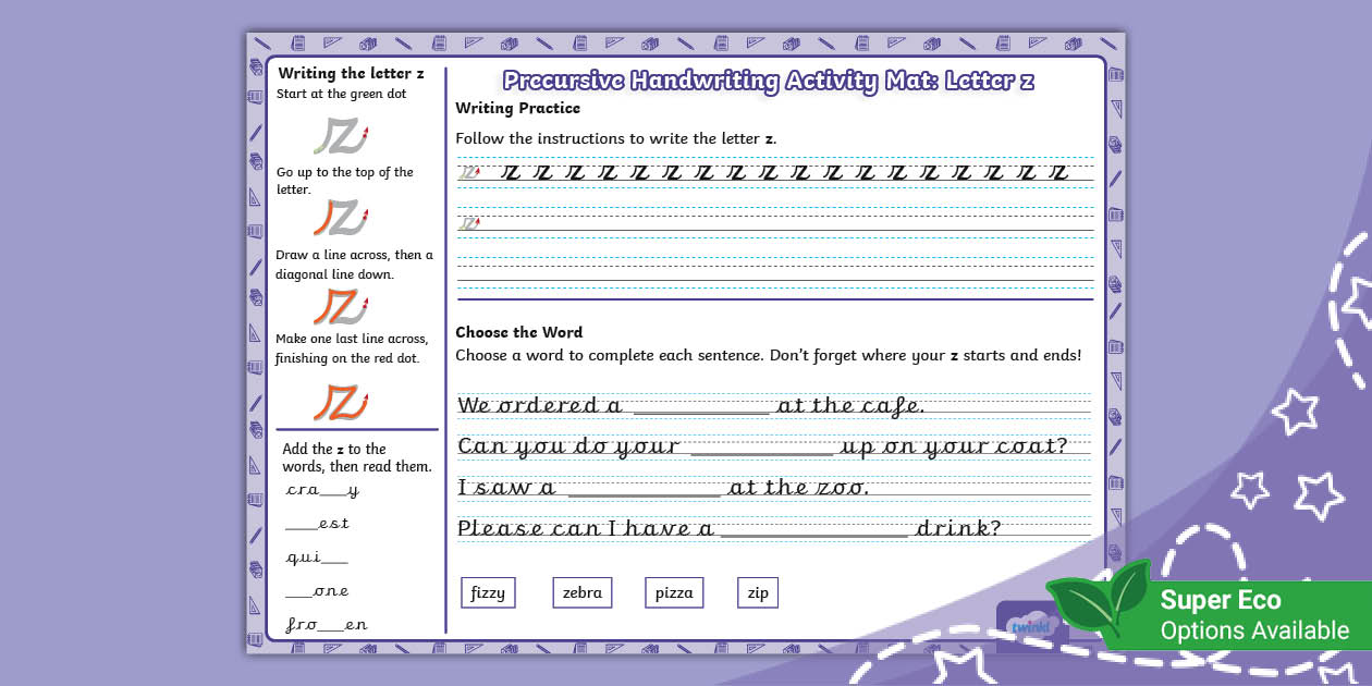 Precursive Handwriting Activity Mat: Letter z (teacher made)