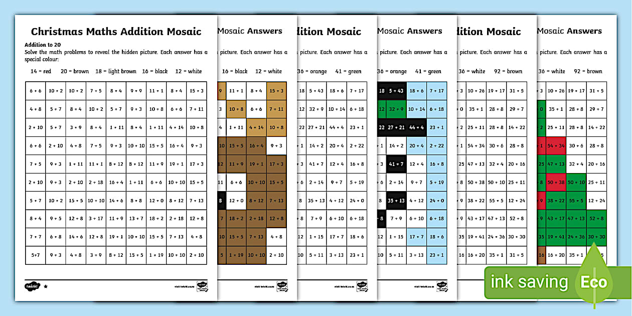 Christmas Maths Addition Mosaic Worksheets (teacher made)