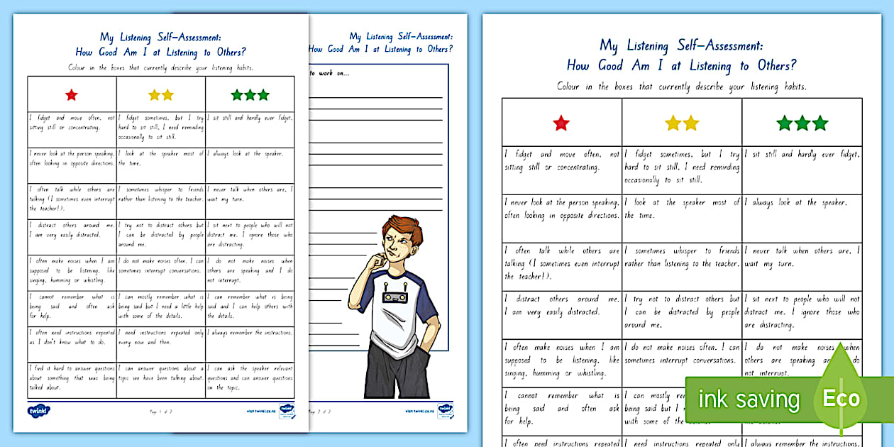 Editable NZ Listening Self-Assessment Worksheet - Twinkl