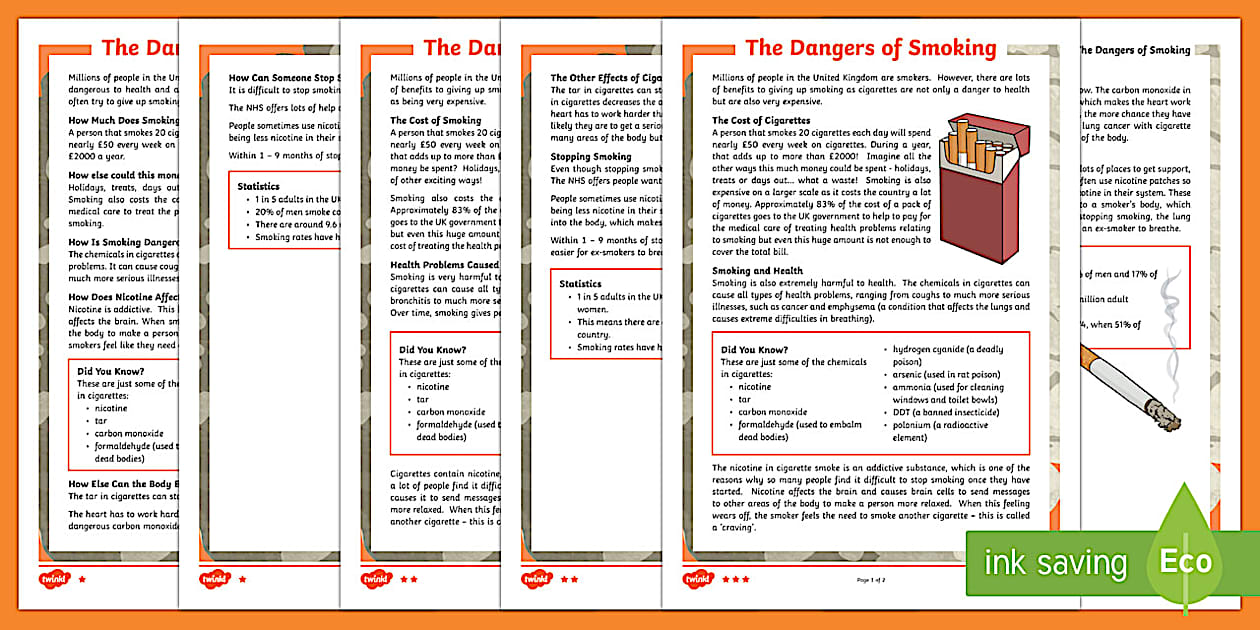 The Dangers of Smoking Differentiated Fact File - Twinkl