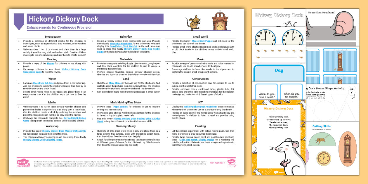 Kindergarten Hickory Dickory Dock Continuous Provision Planning Ideas ...
