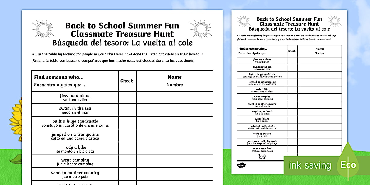 Back to School Summer Fun Classmate Scavenger Hunt Activity English ...