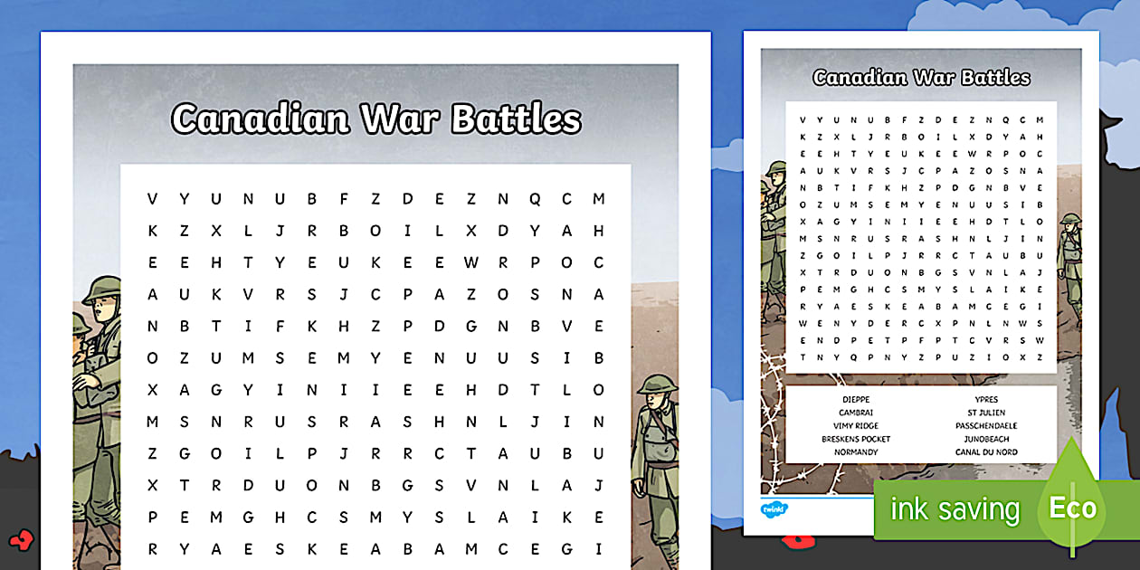 Black and White Canadian War Battles Word Search - Twinkl