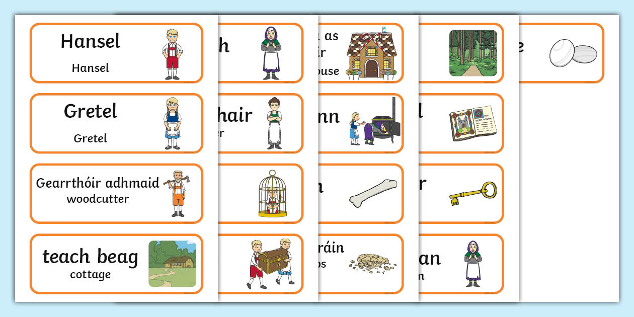 Hansel and Gretel Word Cards Gaeilge Translation - Twinkl