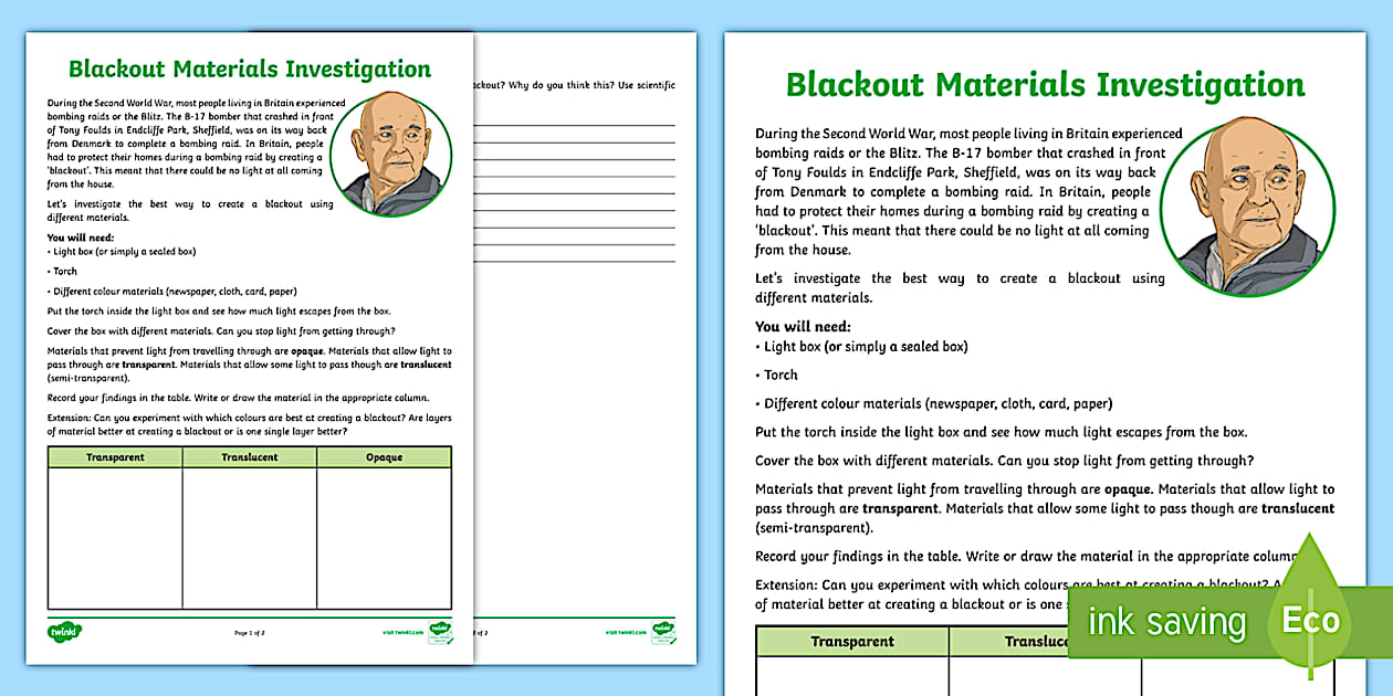 Blackout Materials Investigation Worksheet (teacher made)