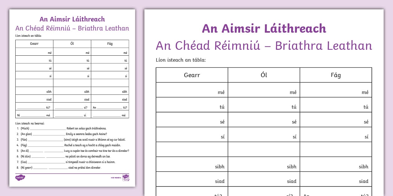 Aimsir Láithreach Verbs Worksheet | Twinkl
