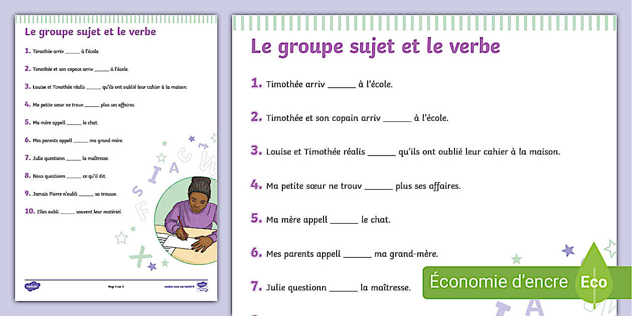 Le groupe sujet et le verbe - fiche d'activités - Twinkl