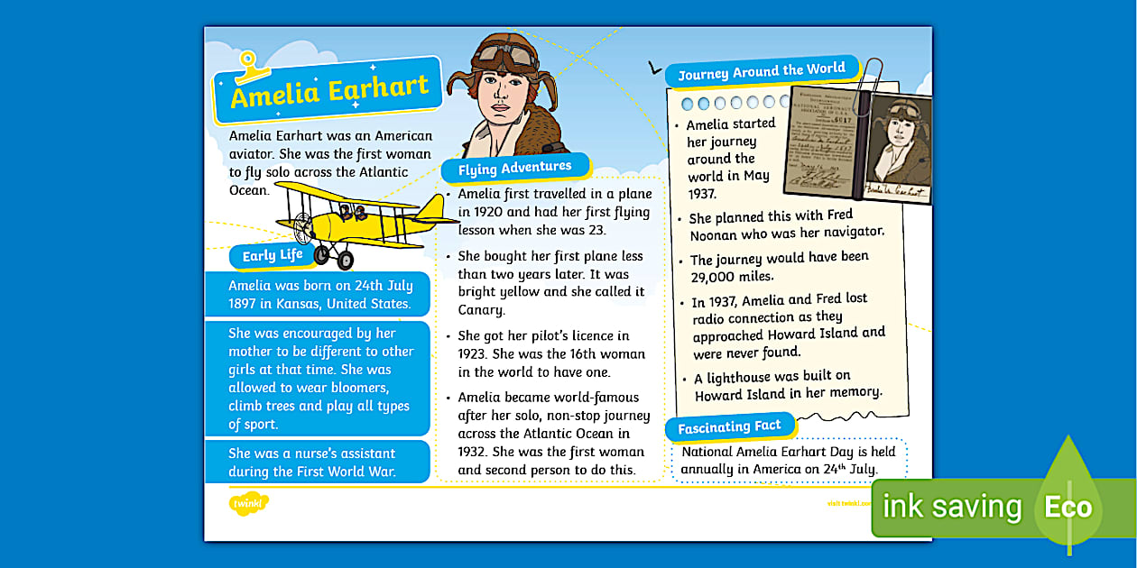 KS1 Amelia Earhart Fact File (teacher made) - Twinkl